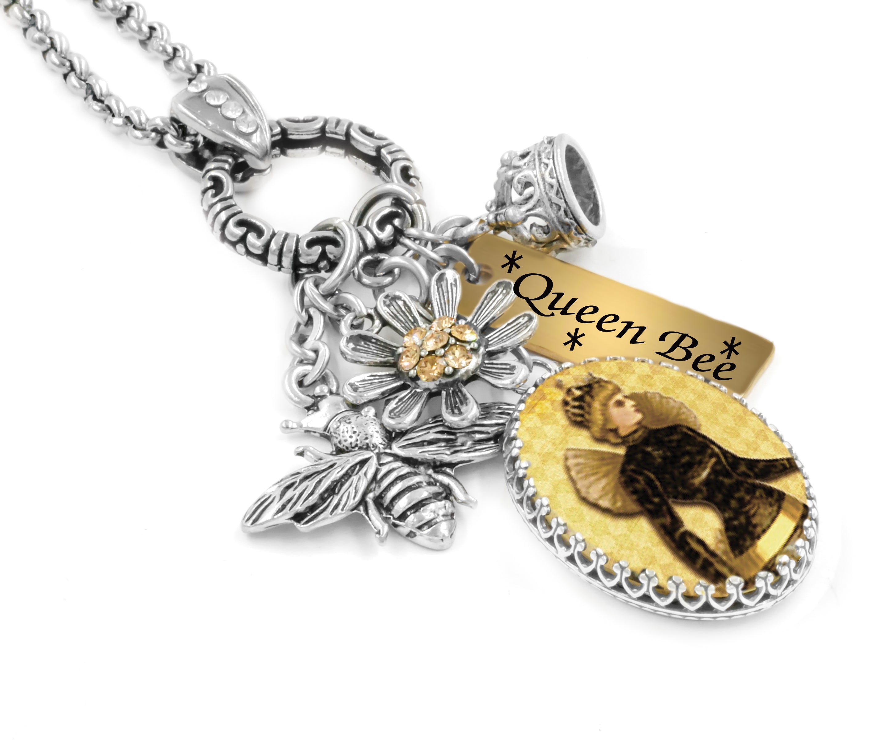 Queen Bee Necklace with Vintage Bee in Stainless and Sterling