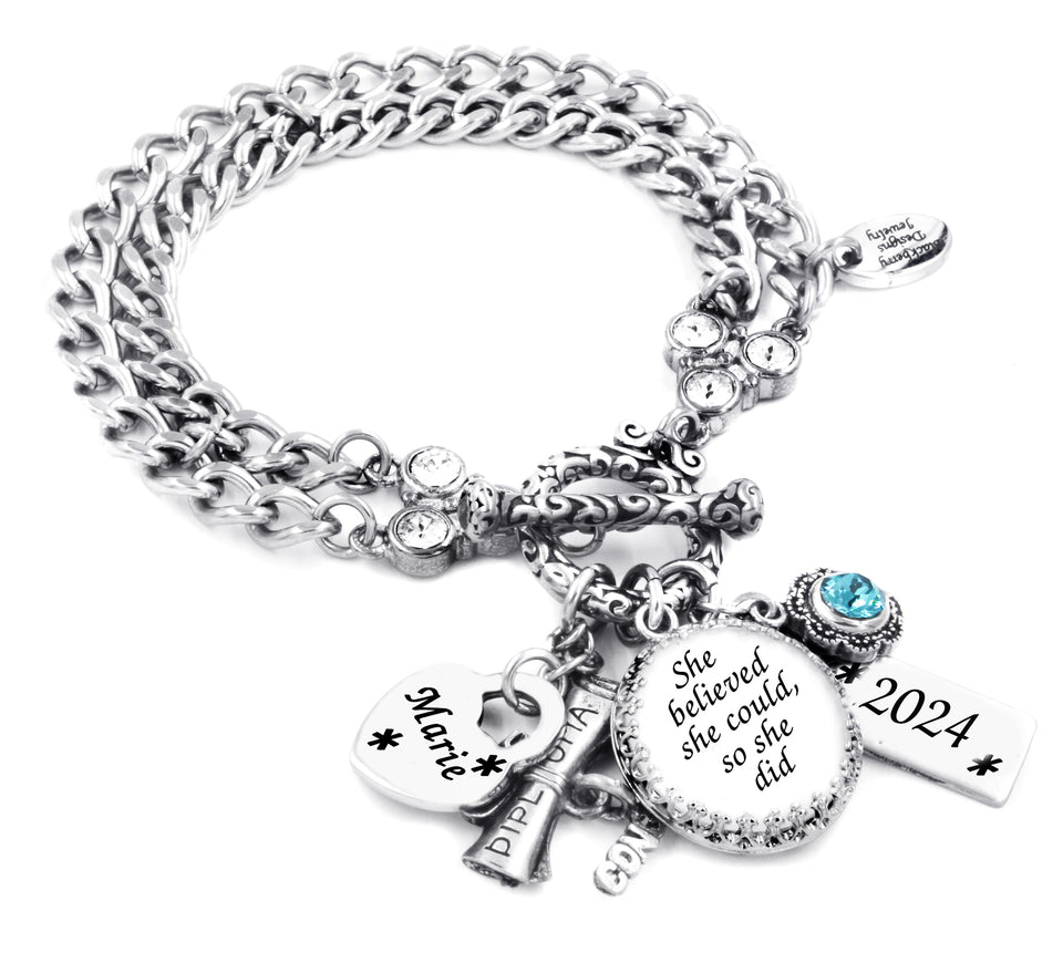 Graduation Charm Bracelet with Graduates Name and Personalized Birthstone