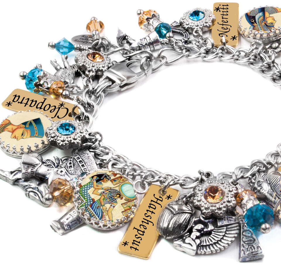 Egyptian Charm Bracelet with images of Nefertiti, Cleopatra, King Tut