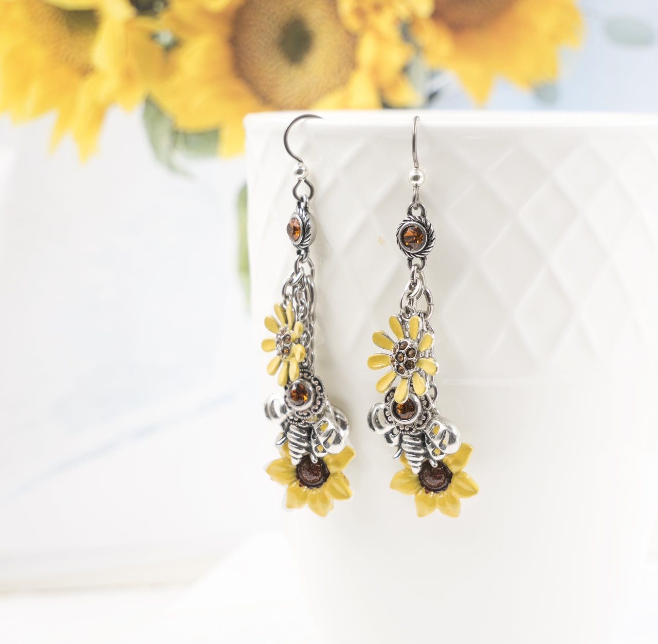 Daisy Pearl Earrings with Yellow Swarovski Crystals
