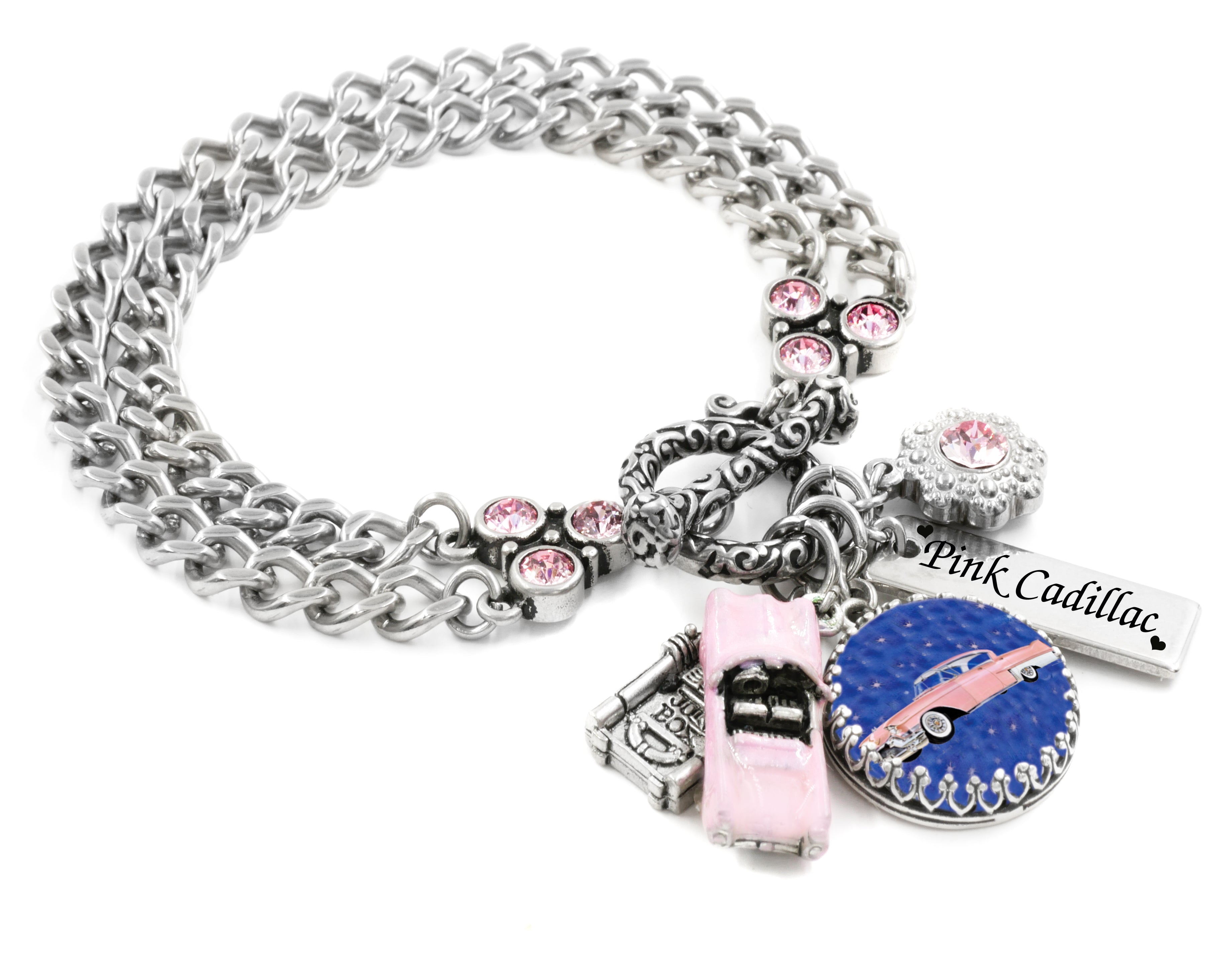 Pink Cadillac Bracelet, Rockabilly Jewelry, 1950's Retro Charms