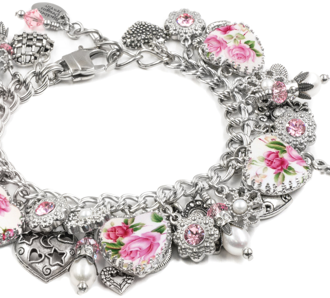 Twelve Rose Charm Bracelet with hearts in vintage pink roses