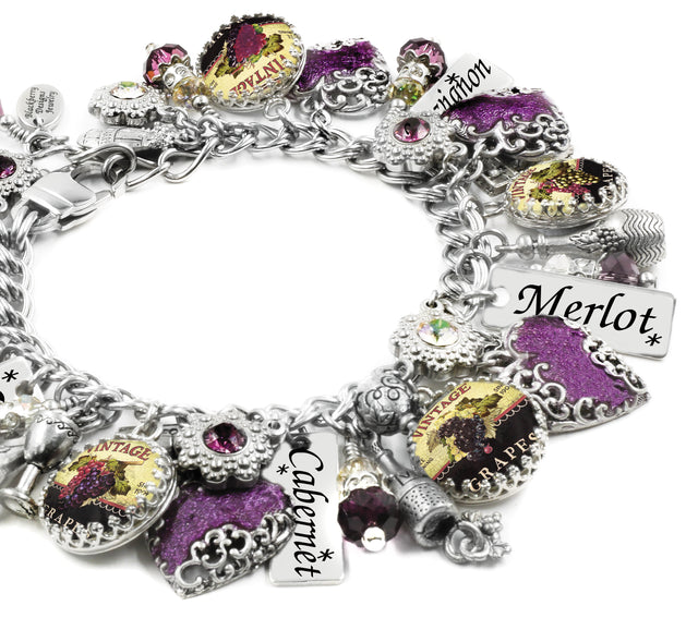 Wine Tasting Charm Bracelet with Merlot, Cabernet and enameled heart charms