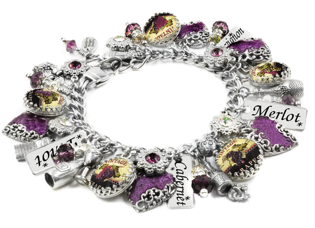 Wine Tasting Charm Bracelet with Merlot, Cabernet and enameled heart charms