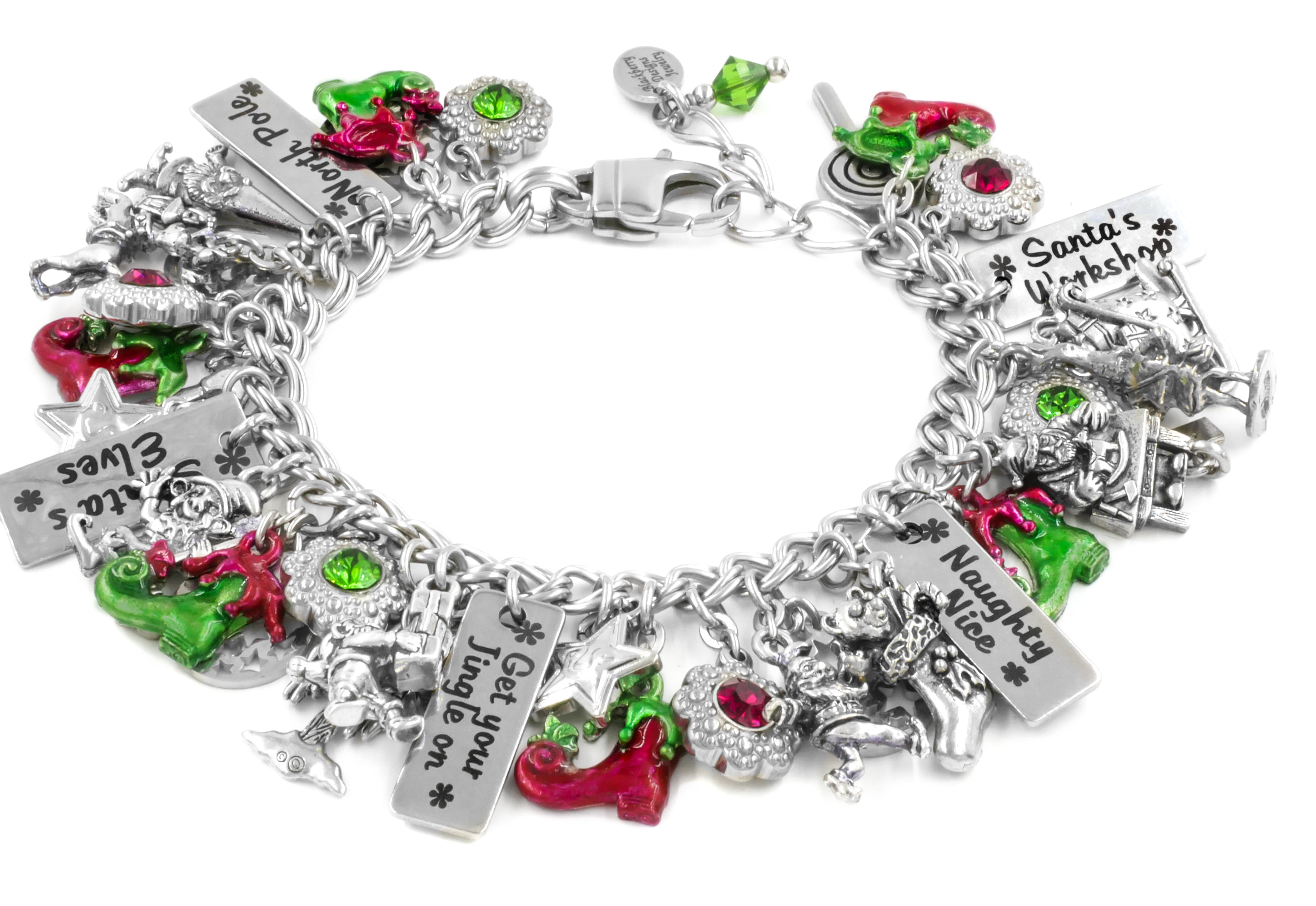 Santa Elves workshop charm bracelet with charms, red and green crystals