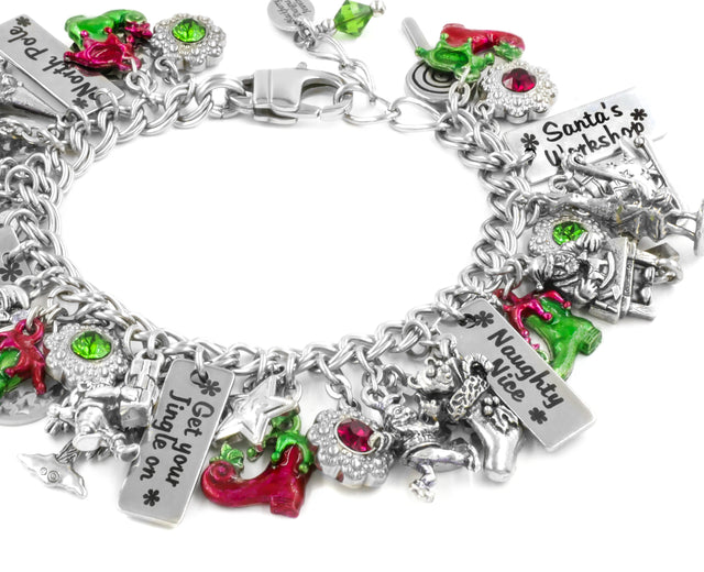 Santa Elves workshop charm bracelet with charms, red and green crystals