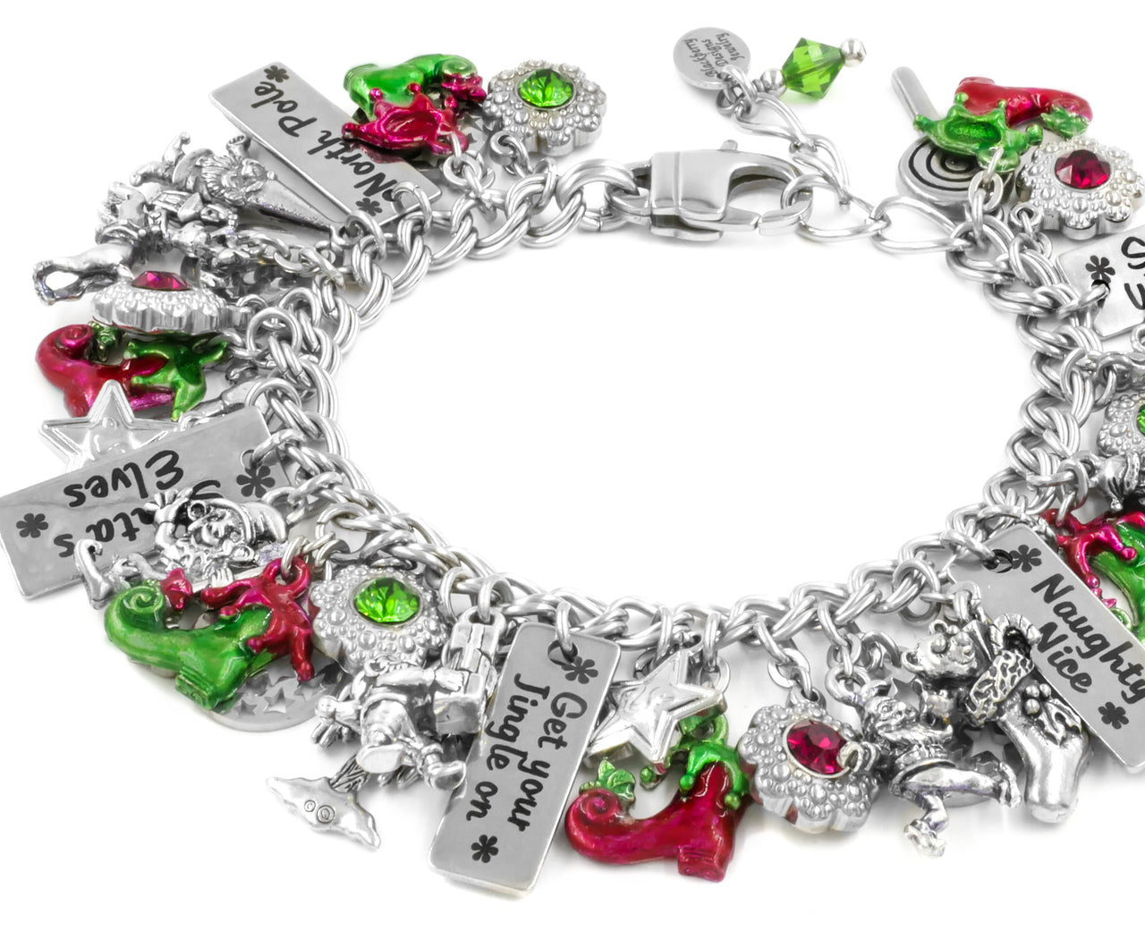 Santa Elves workshop charm bracelet with charms, red and green crystals